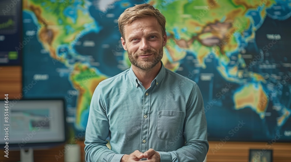 A weather forecaster presenting a live broadcast, standing in front of ...