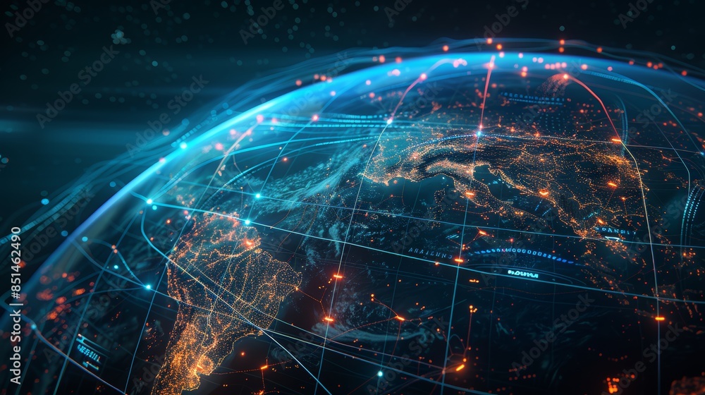 A digital illustration of the Earth from space, with bright latitude ...