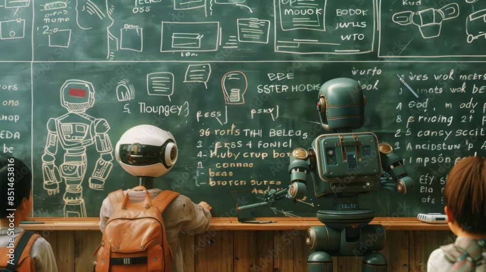 Robot teacher instructs students at chalkboard sparking debate on AI ...