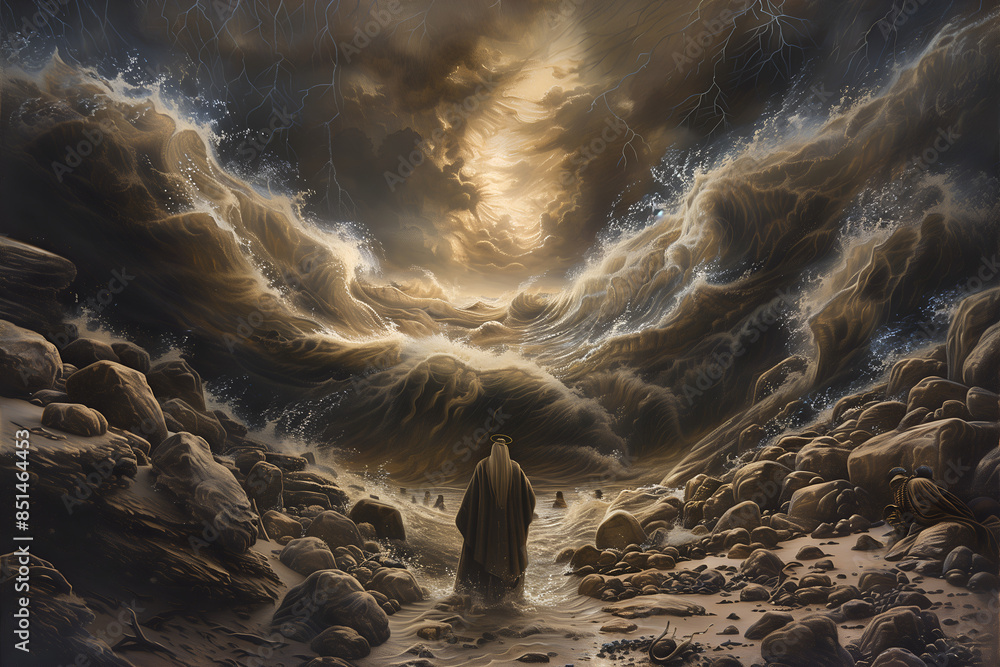 Artistic illustration of back view of Moses dividing the red sea in ...