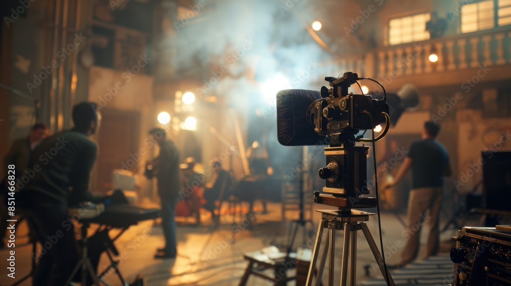 Behind the scenes of a film production set with camera equipment and ...