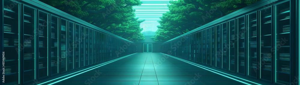 Futuristic data center with endless rows of servers. High-tech, clean ...