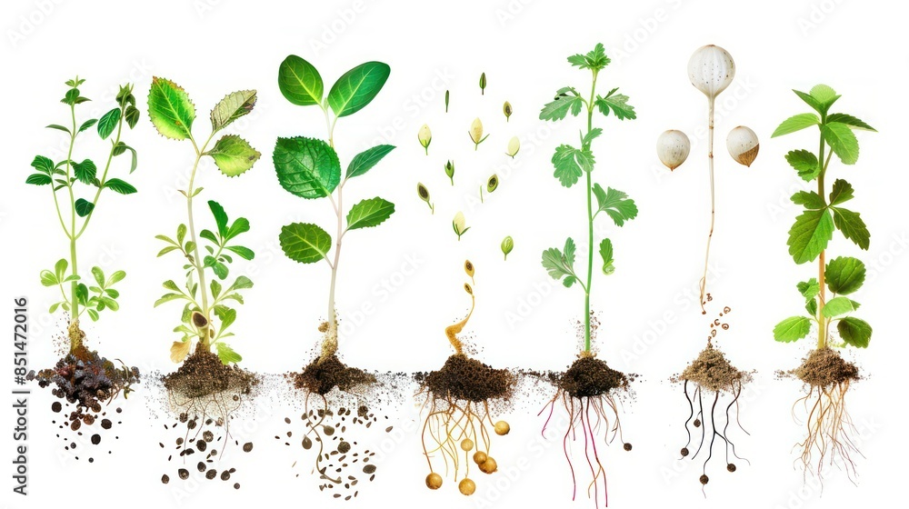 Various stages of plant growth illustrated against a white background ...