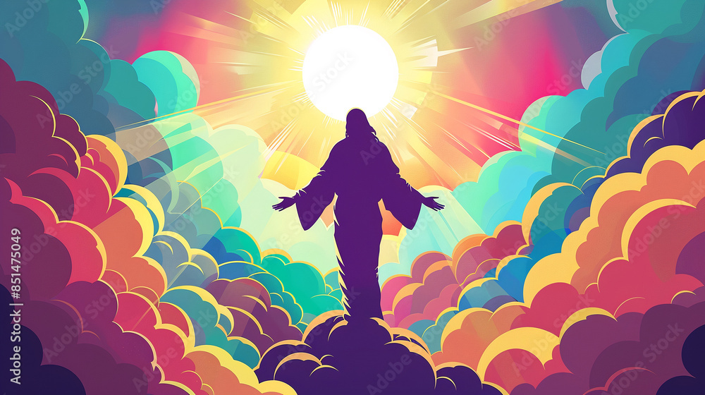 Vector illustration of resurrected Jesus Christ ascending towards sky ...