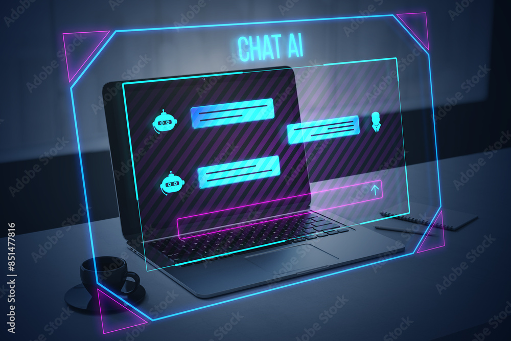 Laptop displaying chatbot interface with neon outlines on a dark ...