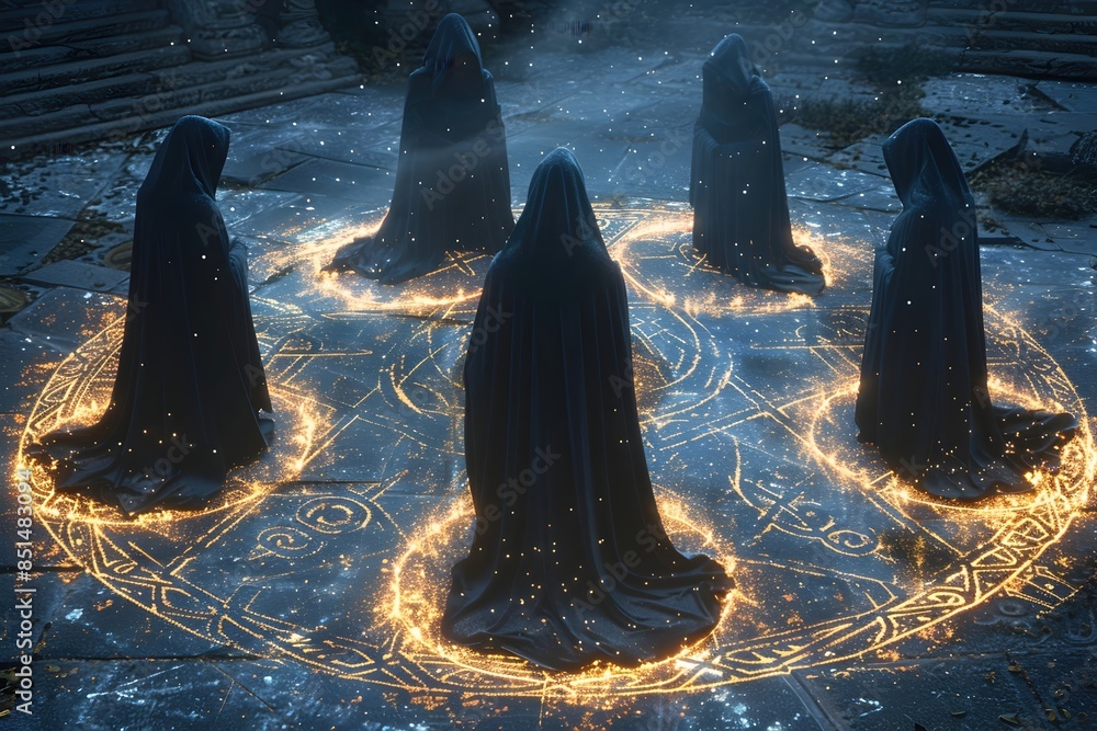 Hooded Figures Performing Mystical Ritual in Ornate Magical Circle with Glowing Runes and Sigils ...