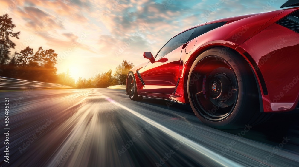 A red sports car speeds through a turn on a high-speed highway ...
