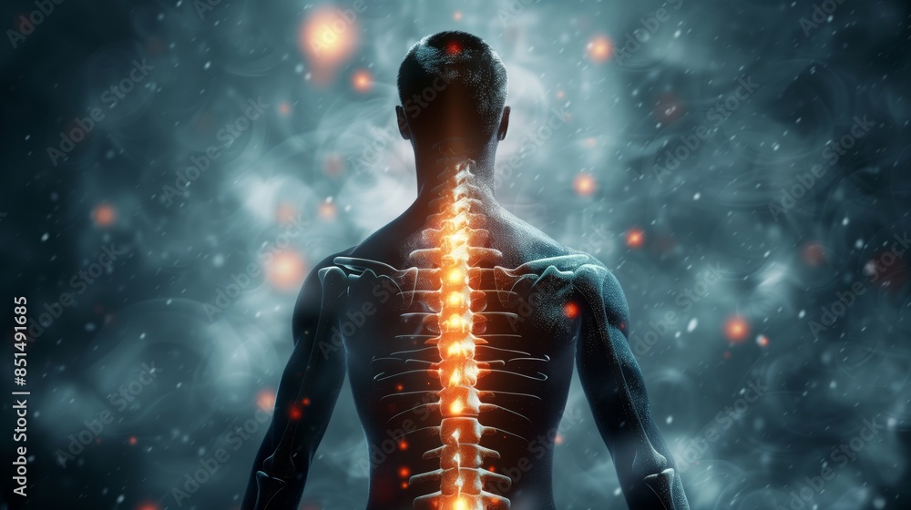 A conceptual image shows a highlighted spine, illustrating herniated ...
