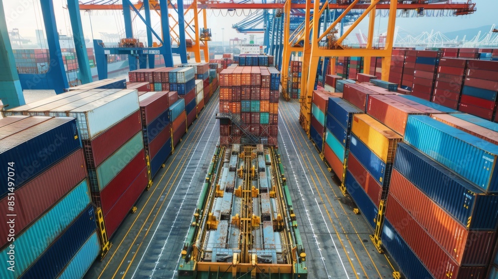 Container loading in a Cargo freight ship with industrial crane ...