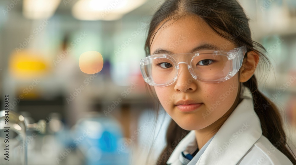 The close up picture of the young female scientist is experimenting ...