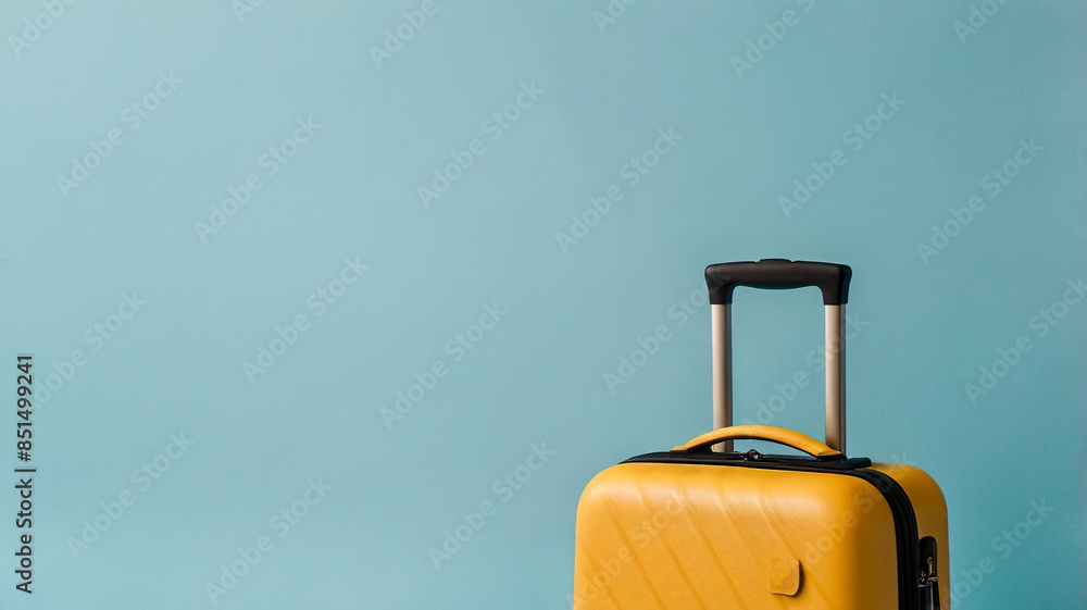 Blue and yellow suitcase on blue background, tourism and travel concept ...