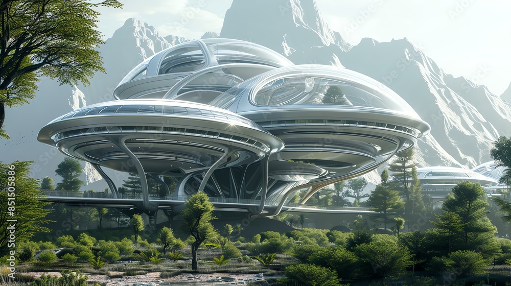 The image is of a futuristic city. There are several large, spherical ...