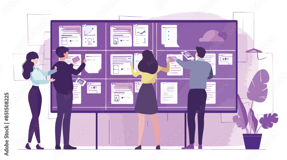 Team members moving cards on large kanban board. Team Stock Vector ...