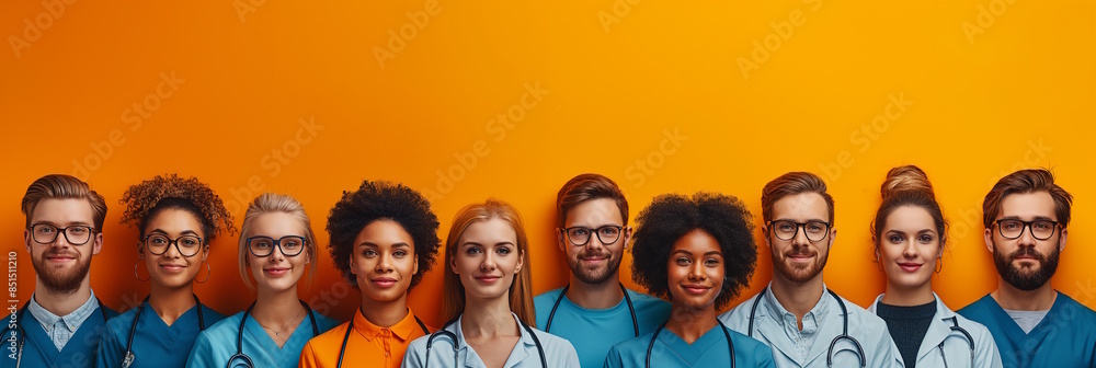 Multiracial healthcare professionals in front of orange background ...