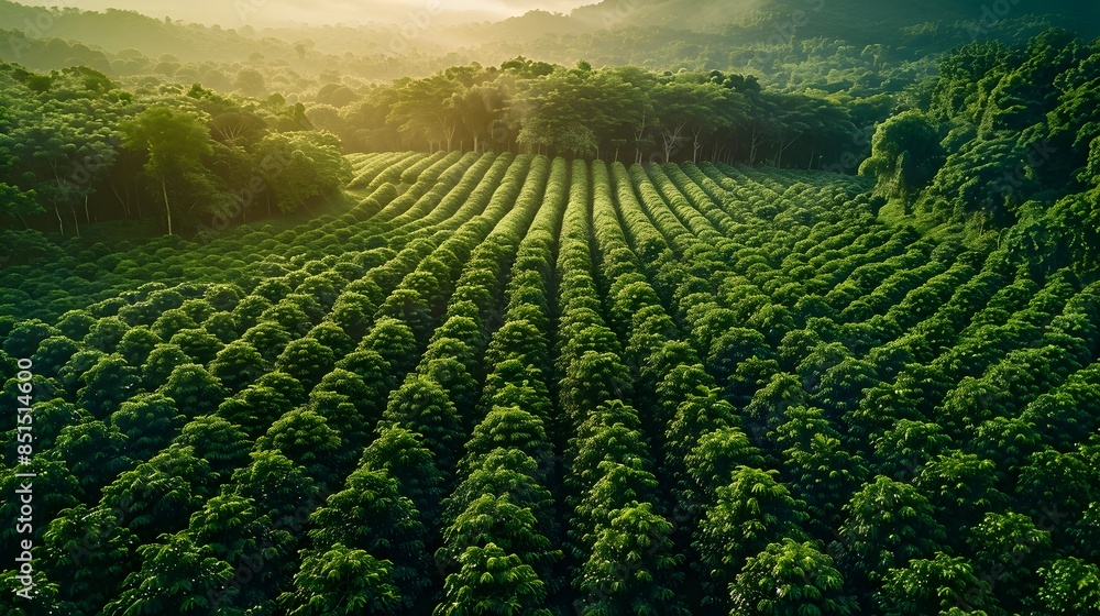 Aerial View of Lush Coffee Plantation with Rows of Green Coffee Trees ...