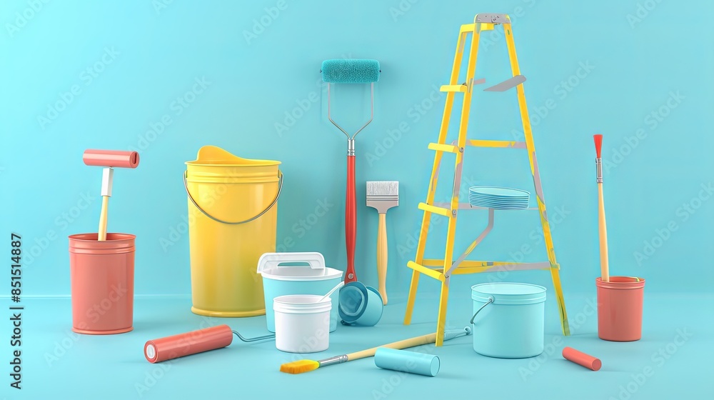 A collection of professional painting tools, including rollers, brushes ...