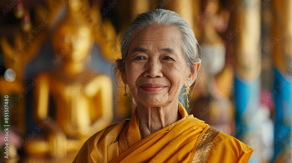 A Buddhist nun from Thailand in Lord Buddha temple and statues ...