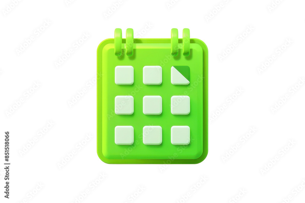 3D green calendar icon with grid and single page turn, isolated on ...