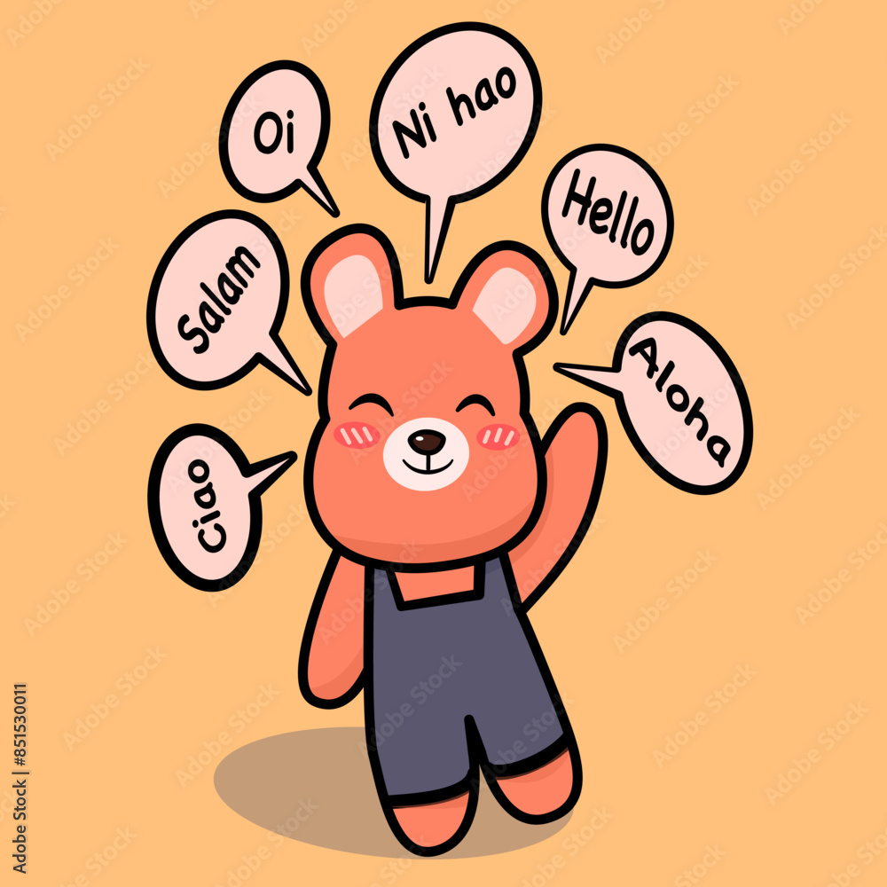 Cute teddy bear saying hello in different languages flat cartoon ...