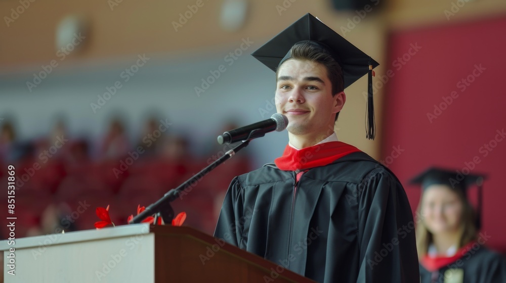 Valedictorian young student man giving graduation speech to other ...