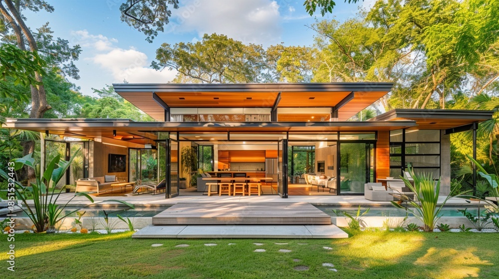 Modern two-story house with large glass windows, wooden deck, and lush ...