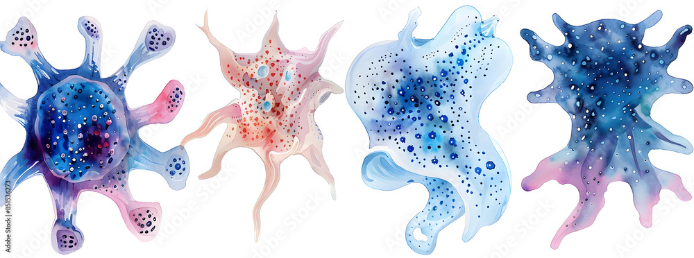 Collection of watercolor cartoon microorganisms amoeba isolated on ...