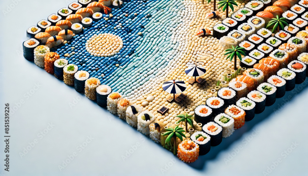 Sushi arranged to depict a beach scene, with rolls forming waves, rice ...