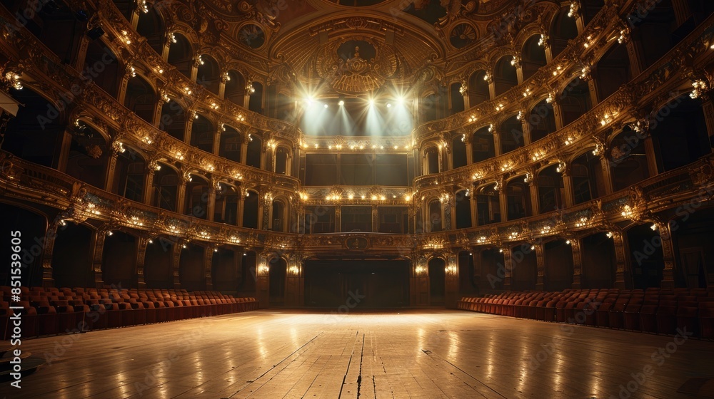 Panoramic shot of an empty opera house, the spotlight from the stage ...