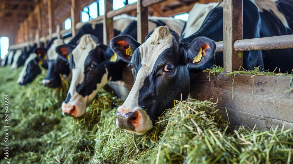 Healthy dairy cows stand in a row of stables, feeding on fodder in a ...