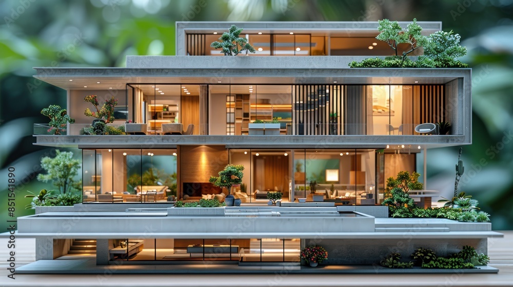 Craft a modern miniature section model of a residential building ...