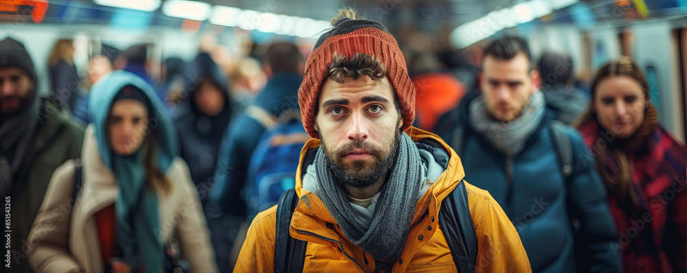 An artist sketching portraits of commuters in a busy train station ...