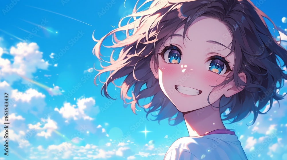 Anime girl with big sparkling eyes, rosy cheeks, and a bright smile ...