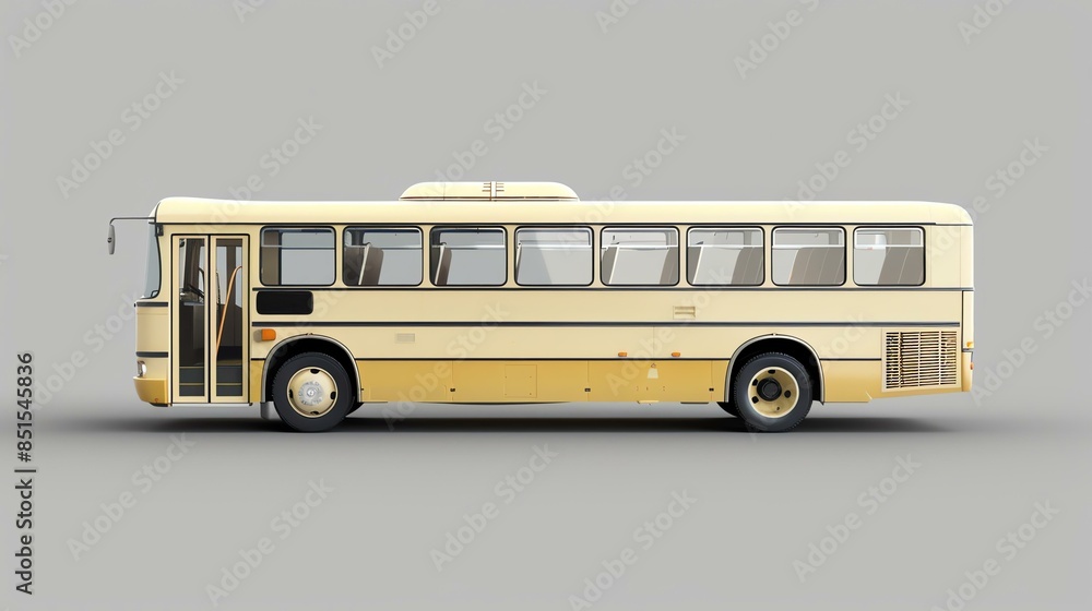 **A yellow bus with black windows is shown in profile on a grey ...