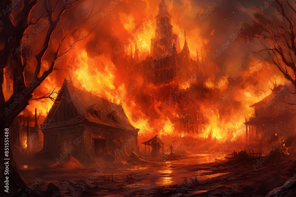 Burning wooden buildings close-up. Raging flames of fire. Firestorm ...