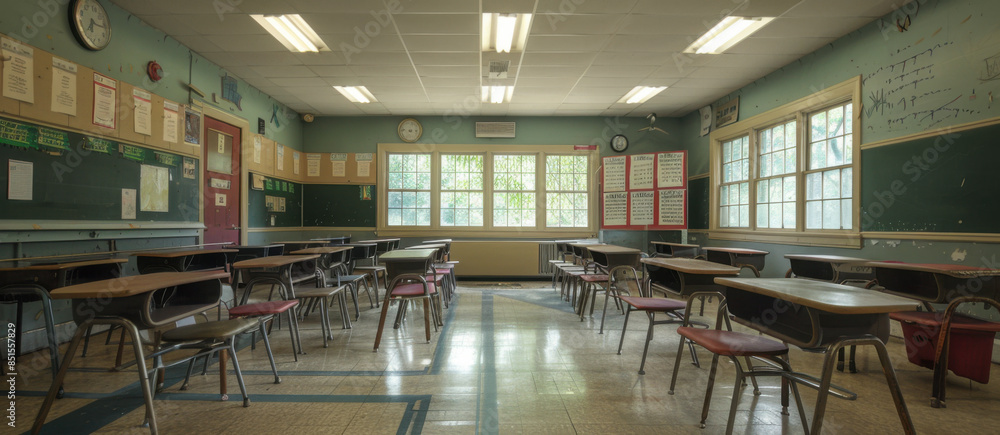 Old classroom with wooden desks, chalkboards, and educational posters ...