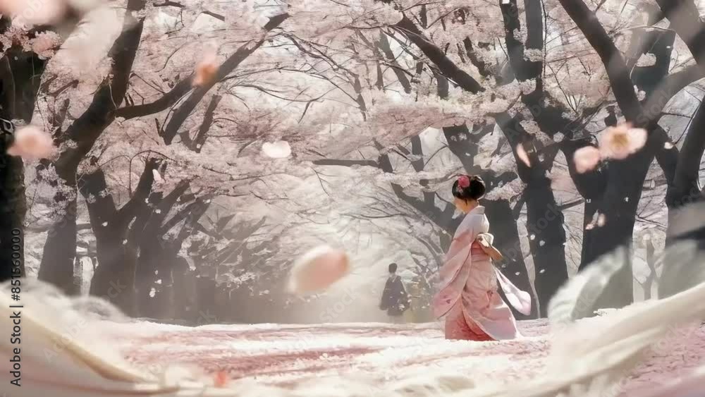 A traditional Japanese scene with a gentle breeze blowing through rows ...