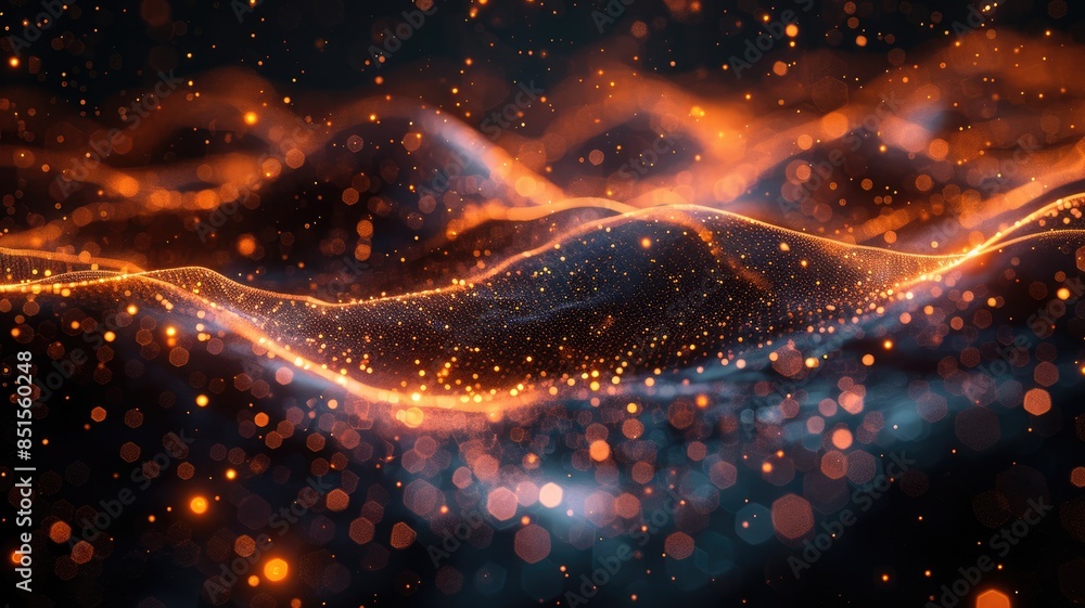 ภาพประกอบสต็อก 3D rendered landscape of orange waves with glowing edges ...