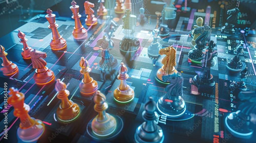 Top view of levitating chess pieces arranged in a tactical pattern ...