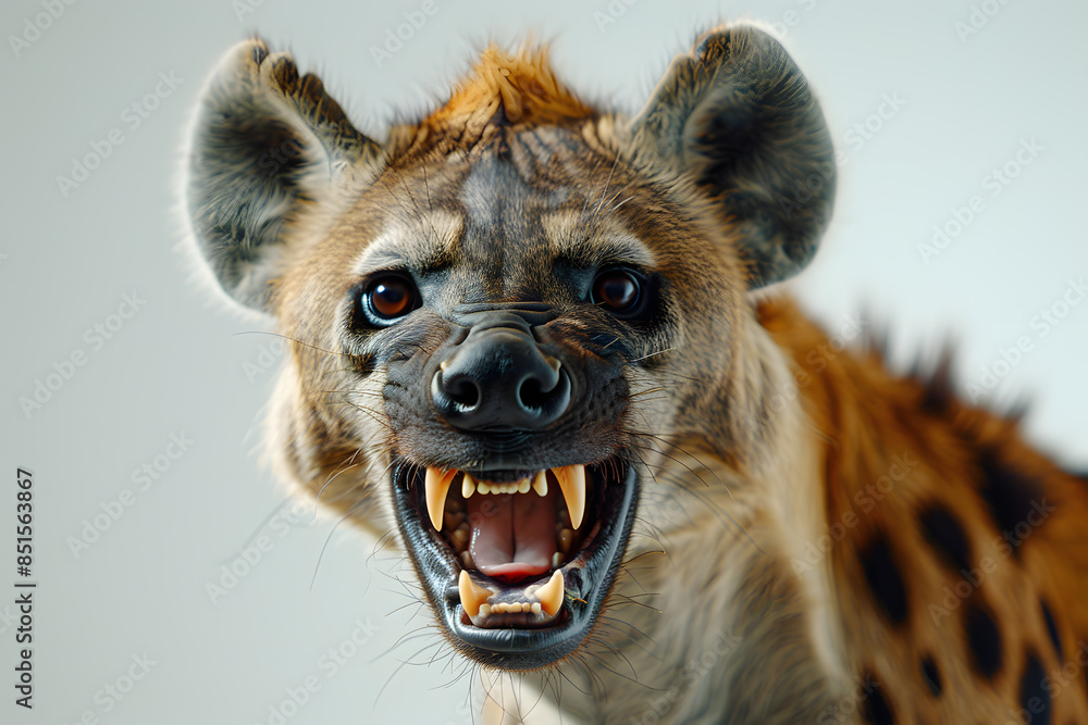 Closeup head shot of angry hyena face isolated on white background ...
