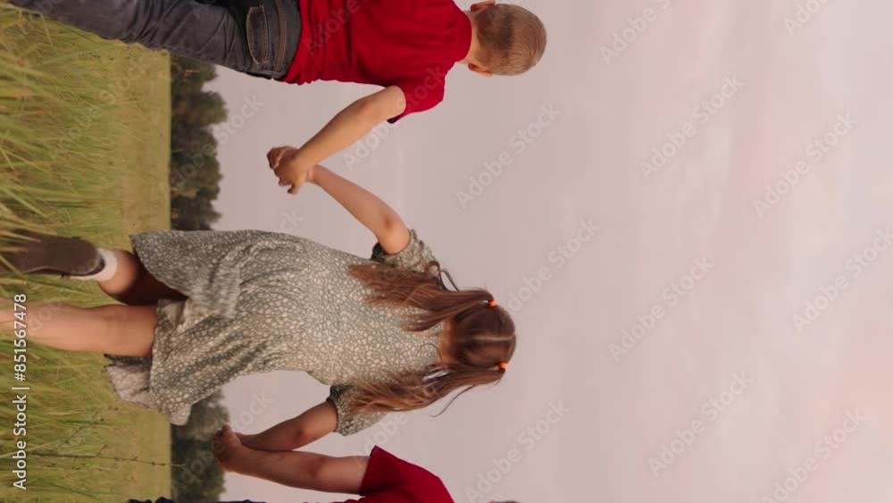 group team child kid running into sunset park, cheerful happy childhood ...