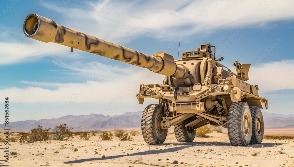 A large, mobile anti-aircraft gun with wheels and tracks on the desert ...