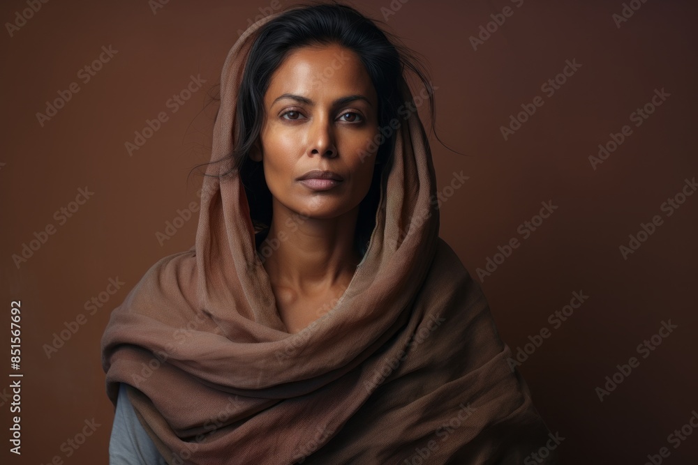 Portrait of a tender indian woman in her 40s wearing a versatile buff ...