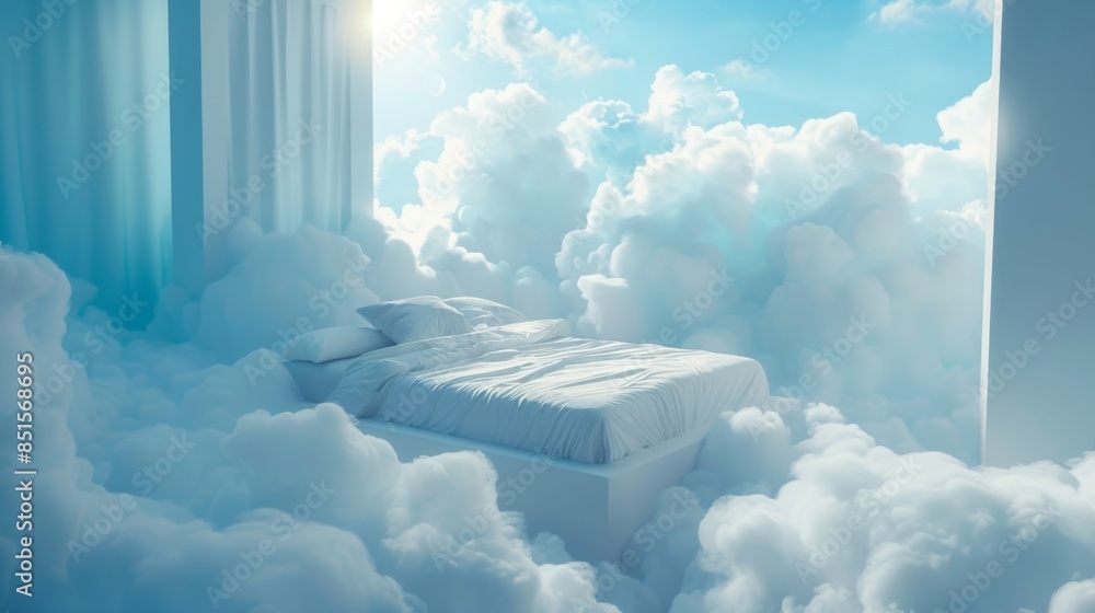 A bed made of clouds as a symbol of good sleep, sweet dreams, mental ...