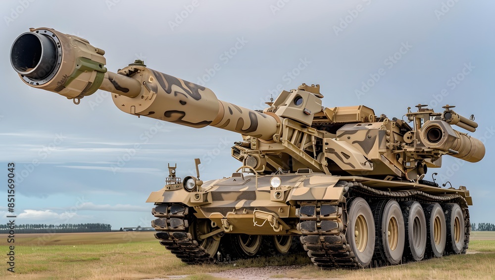 A large, mobile anti-aircraft gun with wheels and tracks on the desert ...