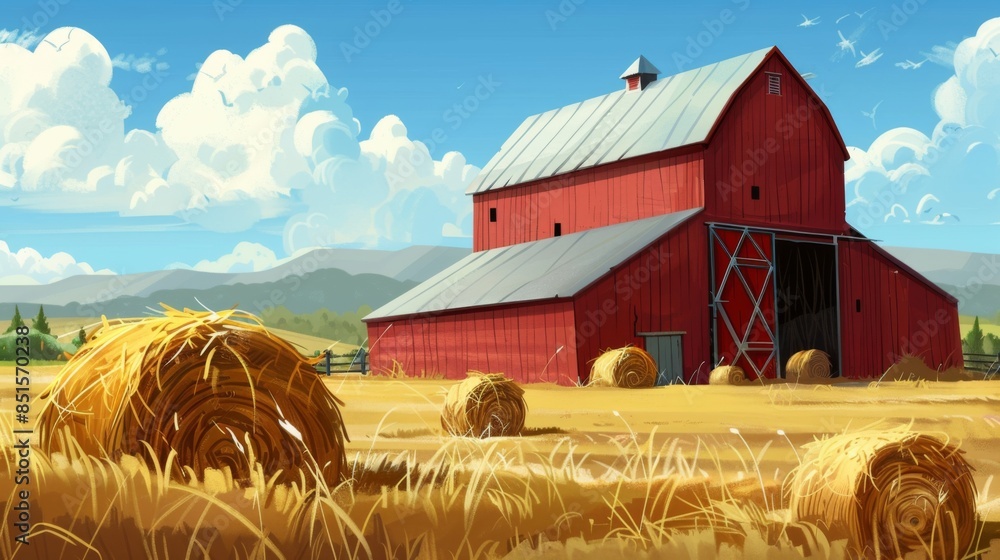 Farm themed cartoon barn design featuring straw bales and hay piles ...