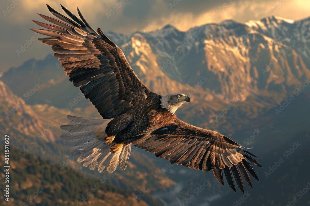 bald eagle flying with open wings, full body portrait photo against a ...