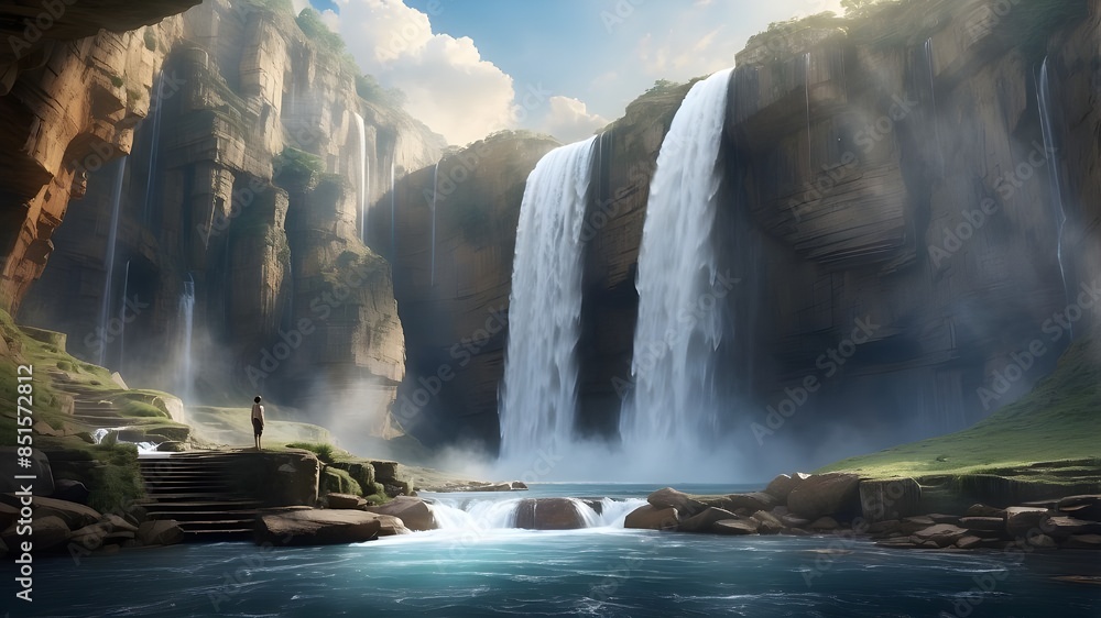 Imagine you're standing at the base of a majestic waterfall. Describe ...