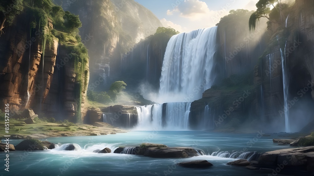 Imagine you're standing at the base of a majestic waterfall. Describe ...
