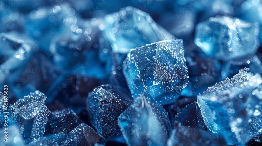 The photo captures a high-resolution, detailed texture of blue ice ...