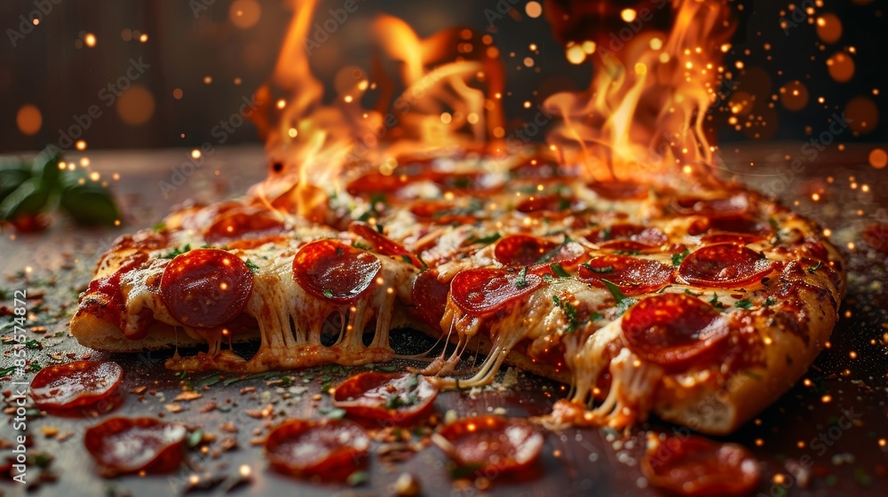 A slice of pepperoni pizza with stringy cheese pull and vibrant fire ...